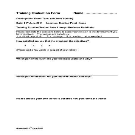 Training evaluation form Youtube Training | DOCX