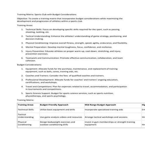 Training Matrix on sports club.docx | Fitness and Exercise | Healthy Living