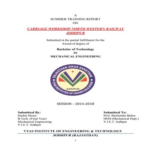 Training report on nwr carriage workshop, jodhpur | PDF
