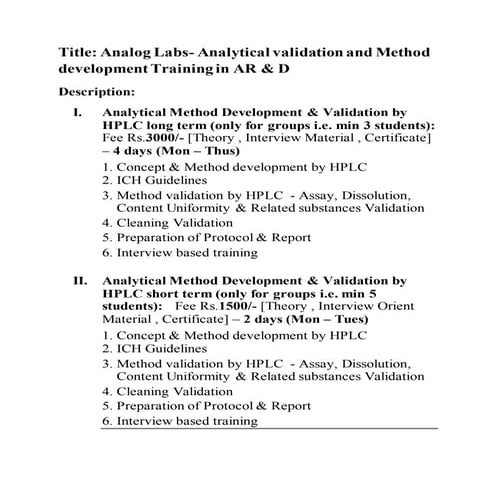 Analog Labs - Pharma certification based Quality Control training | DOCX