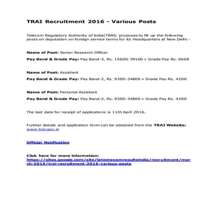 TRAI Recruitment 2016 - Various Posts | PDF