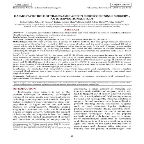 Tranexamic Acid in Endoscopic nasal Sinus Surgery | PDF