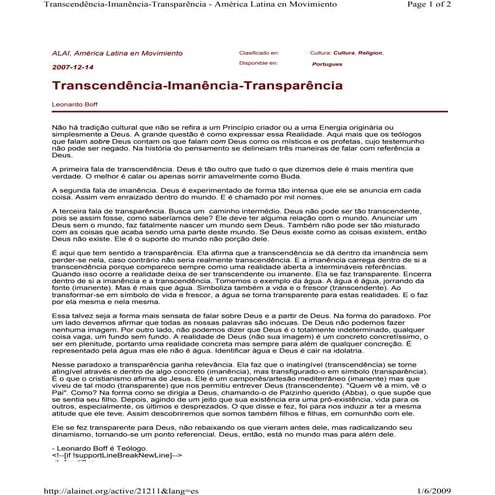 Deus transcendente, imanente e transparente | PDF