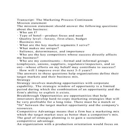 Transcript The Marketing Process ContinuumMission statementTh.docx