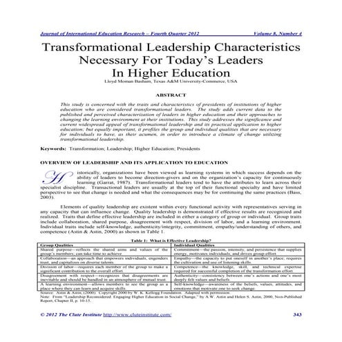 Transformational leadership characteristics necessary for today’s ...