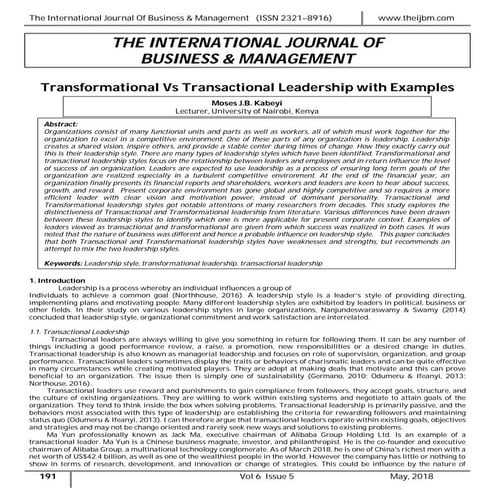 Transformational vs transactional leadership with examples | PDF