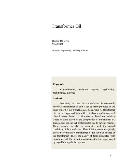 Furan Testing of Transformers Oil | PPTX