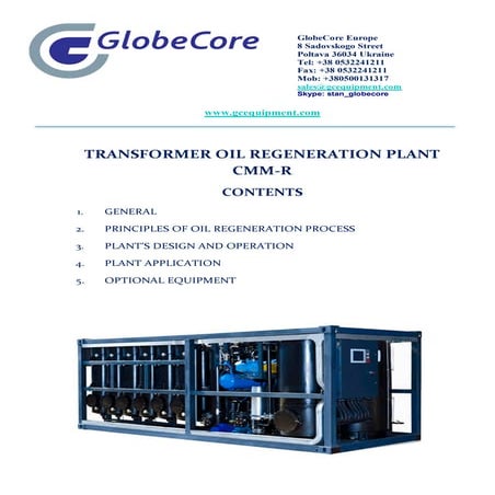 Transformer oil regeneration plant globecore cmm r | PDF