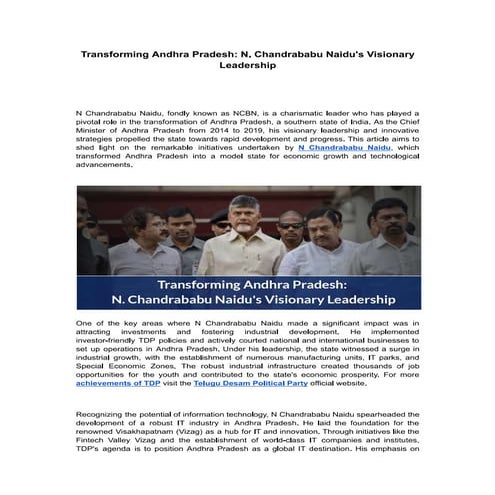 Transforming Andhra Pradesh N. Chandrababu Naidu's Visionary Leadership - Prakasam.pdf | Politics