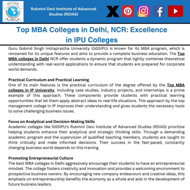 Top MBA Colleges in Delhi, NCR: Excellence in IPU Colleges | PDF