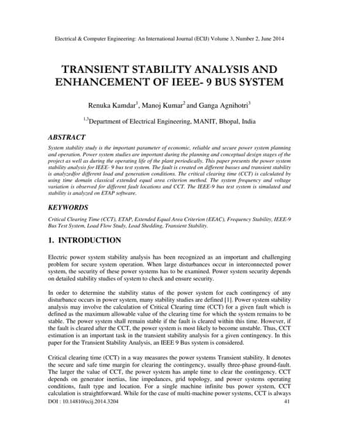 Transient stability analysis of the ieee 9 bus electric power system ...