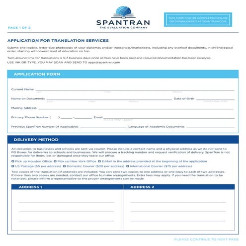 Application For Translation Services | PDF