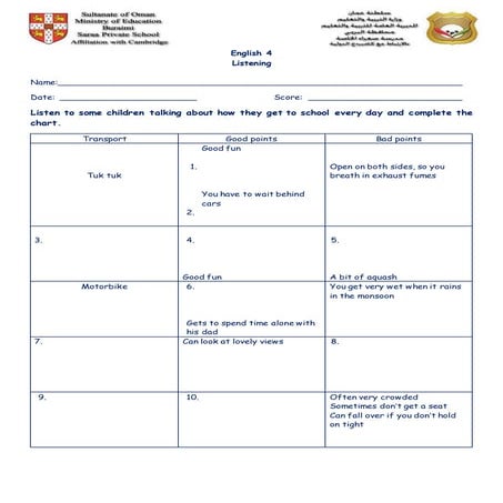 Listening Worksheet: Transport listening | DOCX