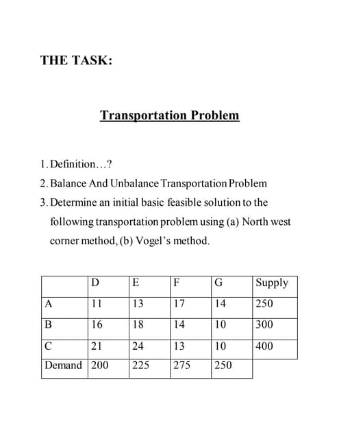 Operational research unbalanced transportation problem | PPT