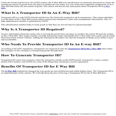 Transporter Id In E Way Bill - BTHAWK Software | PDF