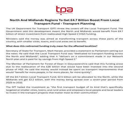 Transport Planning Associates -North And Midlands Regions To Get £4.7 ...