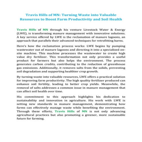 Travis Hills of MN: Turning Waste into Valuable Resources to Boost Farm Productivity and Soil ...