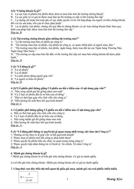 500 câu hỏi trắc nghiệm cơ bản về chứng khoán và thị trường chứng khoán | PDF