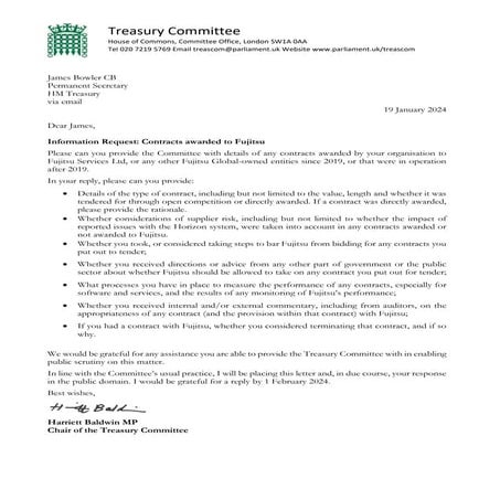 Letter from Treasury Select Committee on Fujitsu | PDF