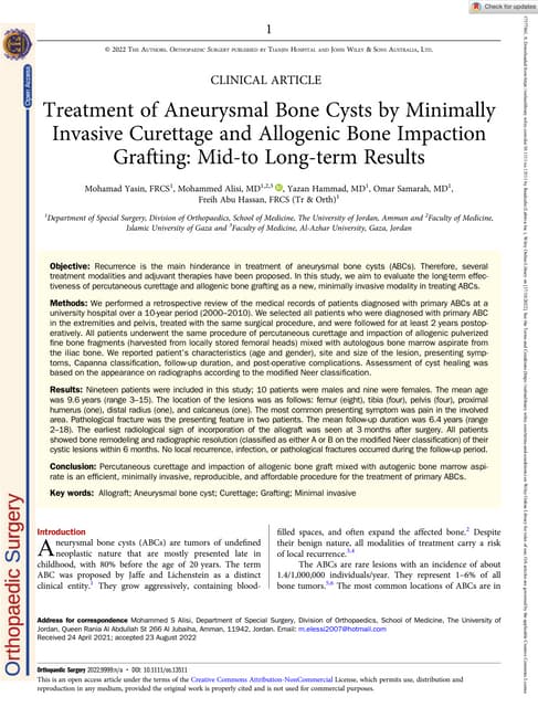 Treatment of Aneurysmal Bone Cysts by Minimally Invasive Curettage and ...