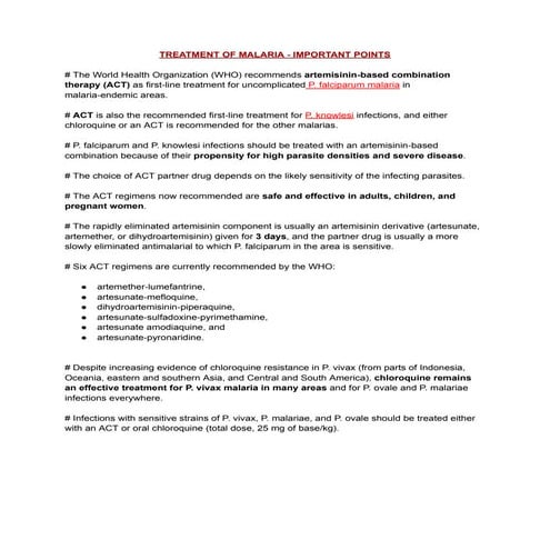 TREATMENT OF MALARIA - IMPORTANT POINTS.pdf