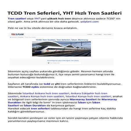 yolplani.com - tcdd tren saatleri, tren seferleri, hizli tren, yht, izban | PDF