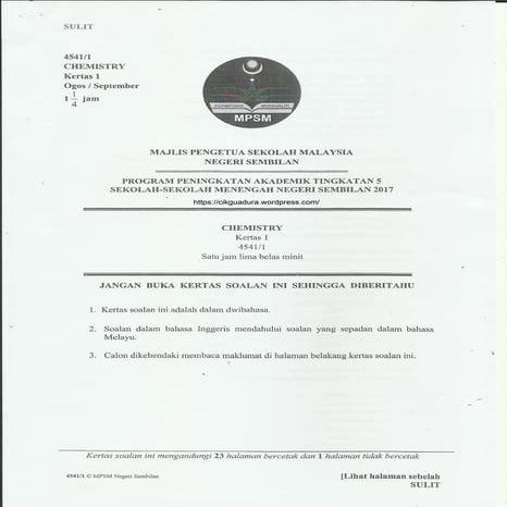 Trial n9 SPM Kimia 2017 k1 | PDF