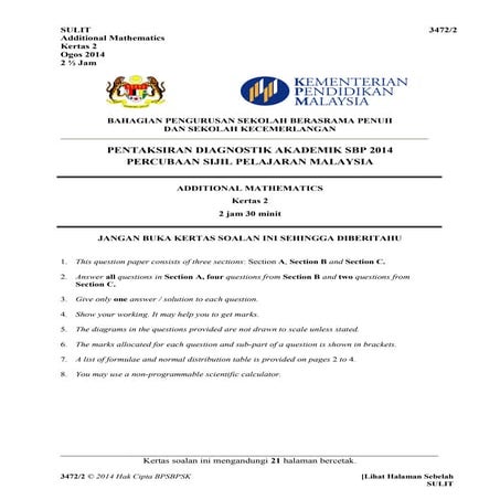 Trial sbp spm 2014 add math k2 | PDF
