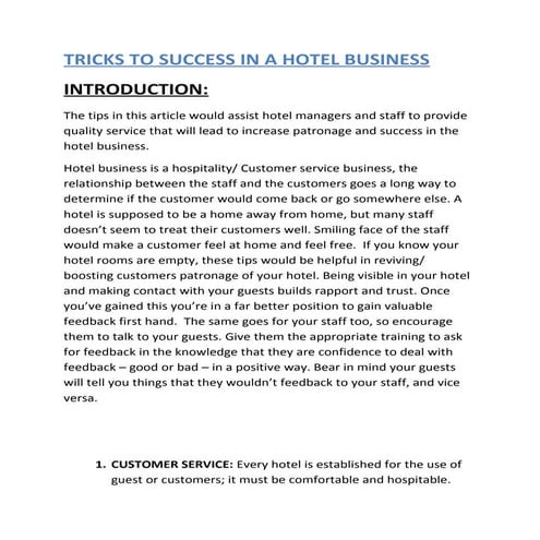 Tricks To Success In A Hotel Business | Pdf