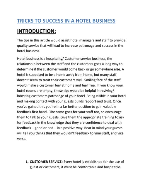 Tricks To Success In A Hotel Business | Pdf