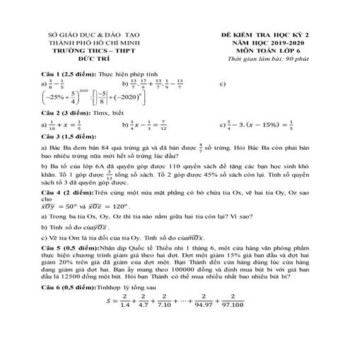 Đề Thi HK2 Toán 6 - THCS Đức Trí | DOCX | Educational Assessment | Education