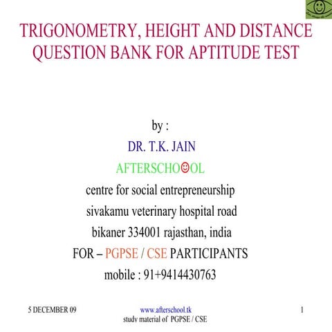 Trigonometryheightanddistancequestionbankforaptitudetest 100528202833 ...