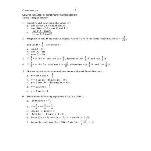 Trigonometry Worksheet | DOC
