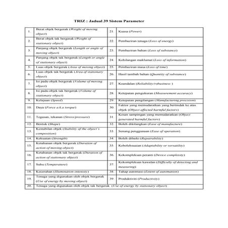 TRIZ : Jadual 39 Sistem Parameter | PDF