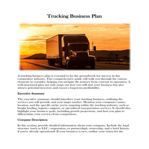 Trucking Business Plan Experts - Custom Plans for Success | PDF