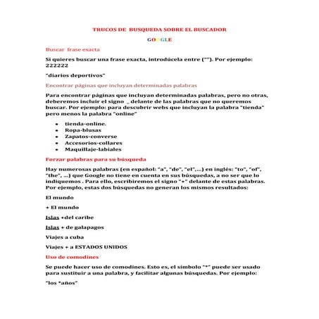 TRUCOS DE BUSQUEDA SOBRE EL BUSCADOR DE GOOGLE | DOCX