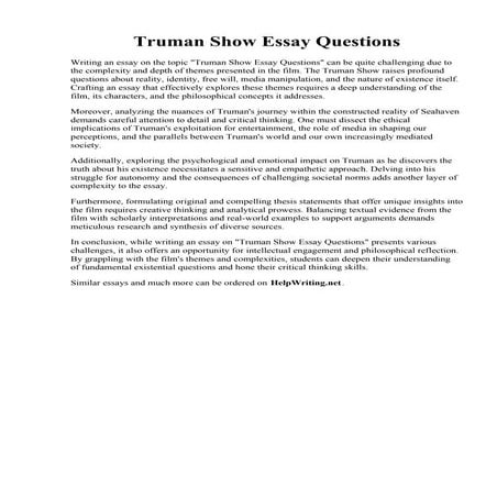 Truman Show Essay Questions. The Truman Show Essay Example StudyHippo.com