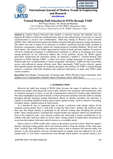 Trusted Routing Path Selection In Wsns Through Tarf Pdf
