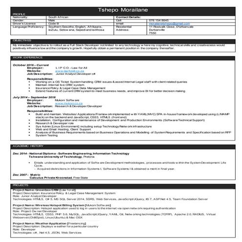 Tshepo morailane(resume) | DOCX | Web Development | Internet