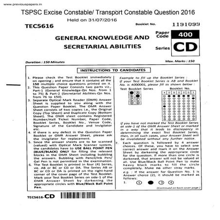 Tspsc excise cons question paper 2016 | PDF