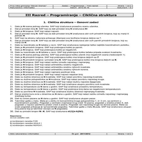 3. razred - Programiranje - zadaci za vežbu | PDF