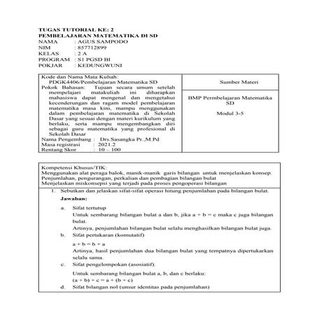 Tt2 pdgk4406 tugas tutorial 2 matematika | PDF