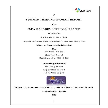 A Project Report on NPA Management in J & K Bank | DOCX