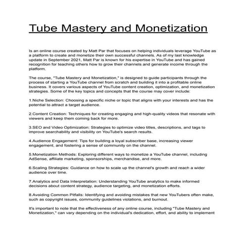 TUBE MASTERY AND MONETIZATION | PDF