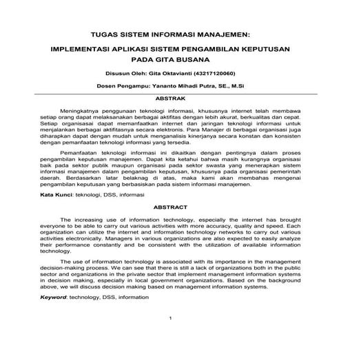TUGAS SISTEM INFORMASI MANAJEMEN: IMPLEMENTASI APLIKASI SISTEM PENGAMBILAN KEPUTUSAN PADA GITA ...