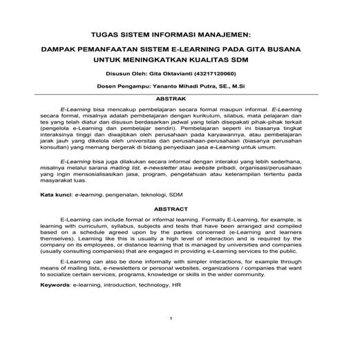 TUGAS SISTEM INFORMASI MANAJEMEN: DAMPAK PEMANFAATAN SISTEM E-LEARNING PADA GITA BUSANA UNTUK ...