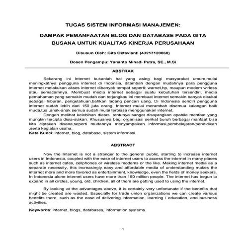 TUGAS SISTEM INFORMASI MANAJEMEN: DAMPAK PEMANFAATAN BLOG DAN DATABASE PADA GITA BUSANA UNTUK ...
