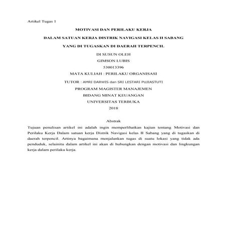 Tugas 1 gimson lubis dr amri darwis tugas 1_motivasi dan perilaku kerja.ut 2018 | PDF | Free ...