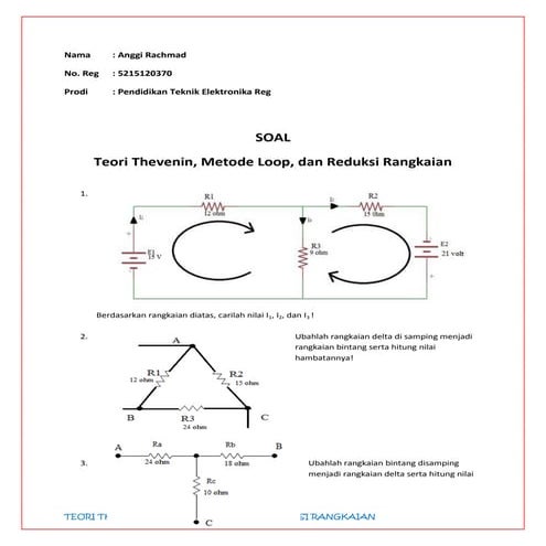 Tugas 3 Teori Thevenin, Metode Loop, dan Reduksi Rangkaian | DOCX