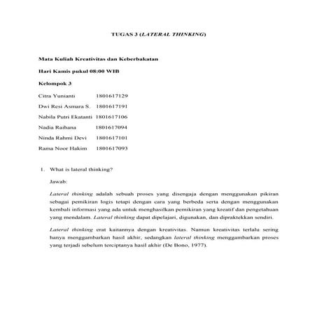 TUGAS 3 kelompok LATERAL THINKING - Matkul Kreativitas dan Keberbakatan | DOCX